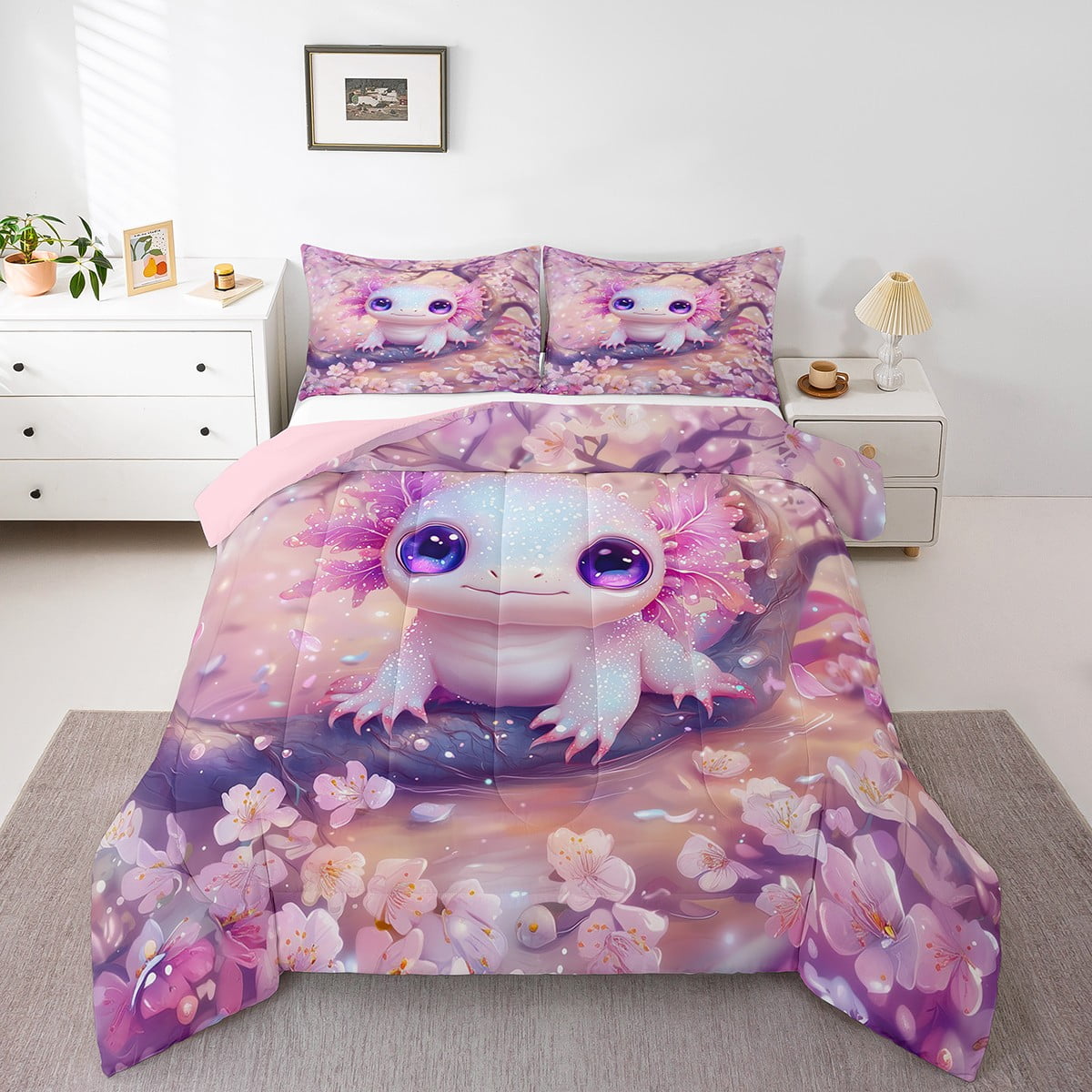 Erosebridal Cartoon Axolotl Comforter Set,Pink Cherry Blossom Bedding ...