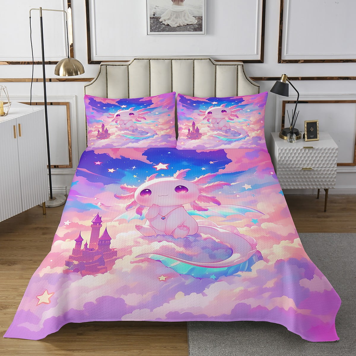 Erosebridal Cartoon Axolotl Coverlet Set King,Dreamy Castle Bedding Set ...