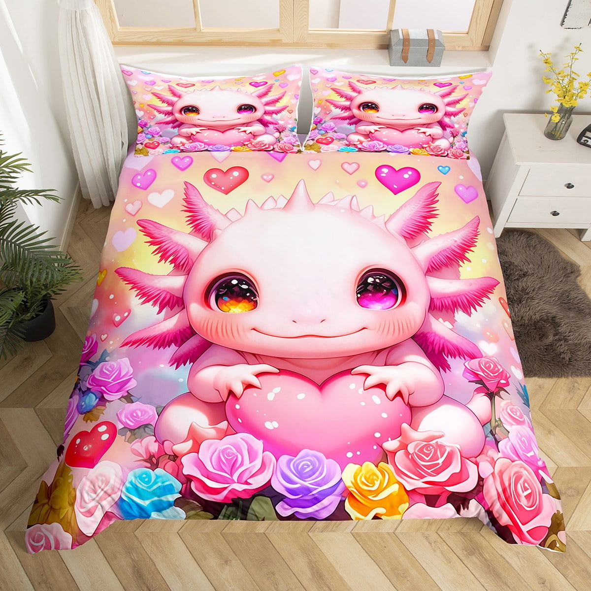Erosebridal Cartoon Axolotl Duvet Cover Queen,Rose Love Heart Comforter ...