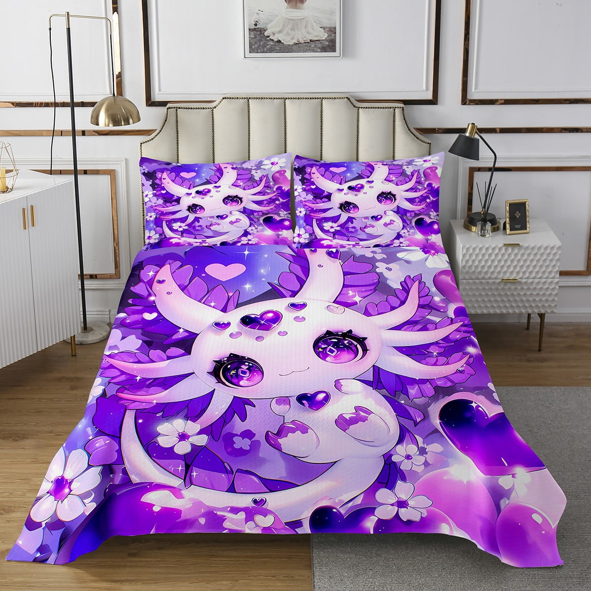 Erosebridal Cartoon Axolotl Quilt Sets for Twin Size Bed, Purple Floral ...