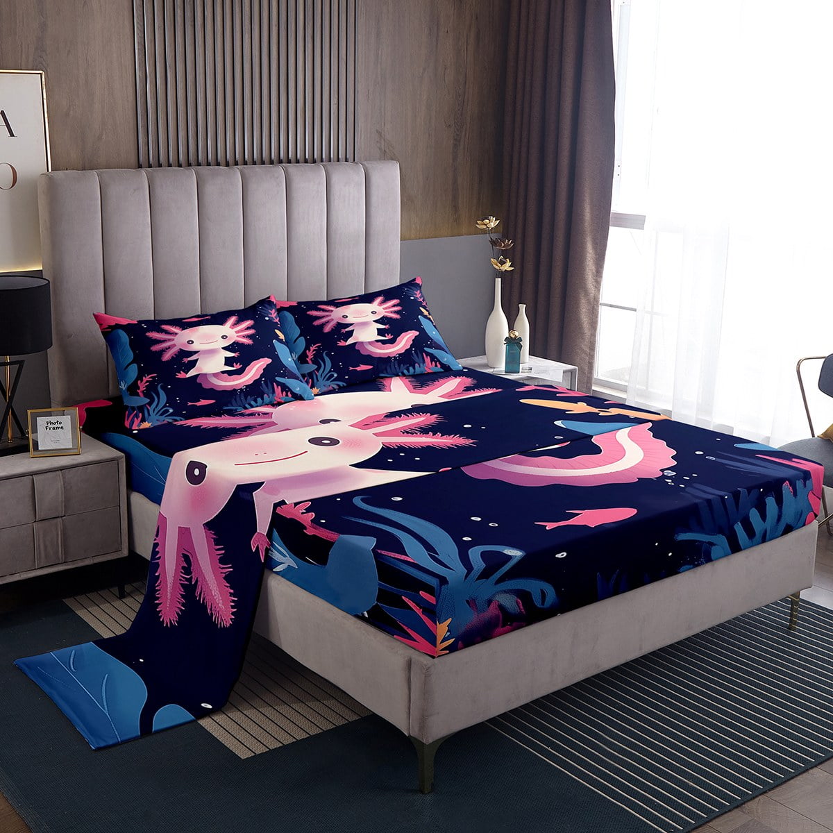 Erosebridal Cartoon Axolotl Sheet Set Twin,Fish Botanical Bedding Sets ...