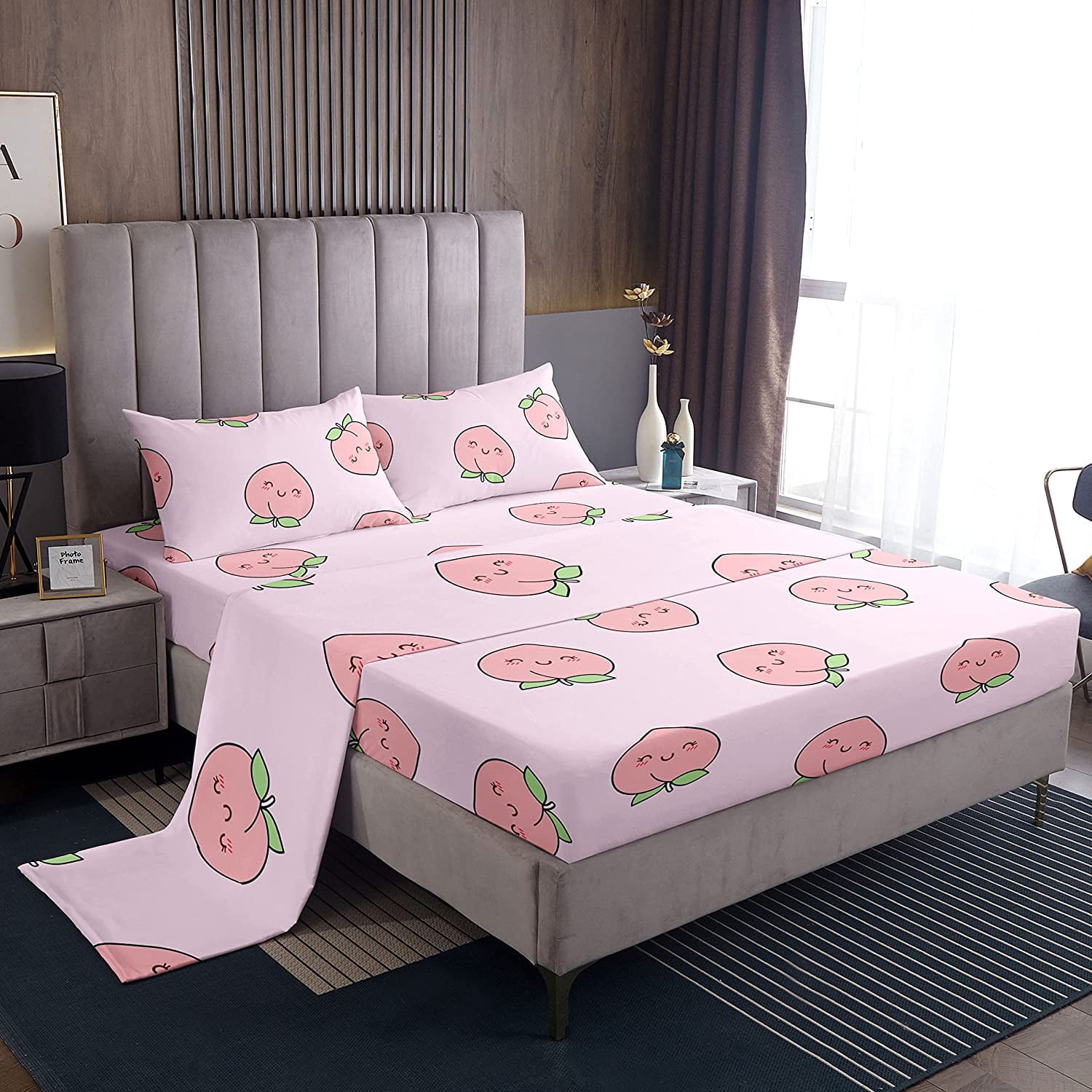 Erosebridal Cartoon Bed Sheets Twin Size Pink Peach Sheet Set Kawaii ...