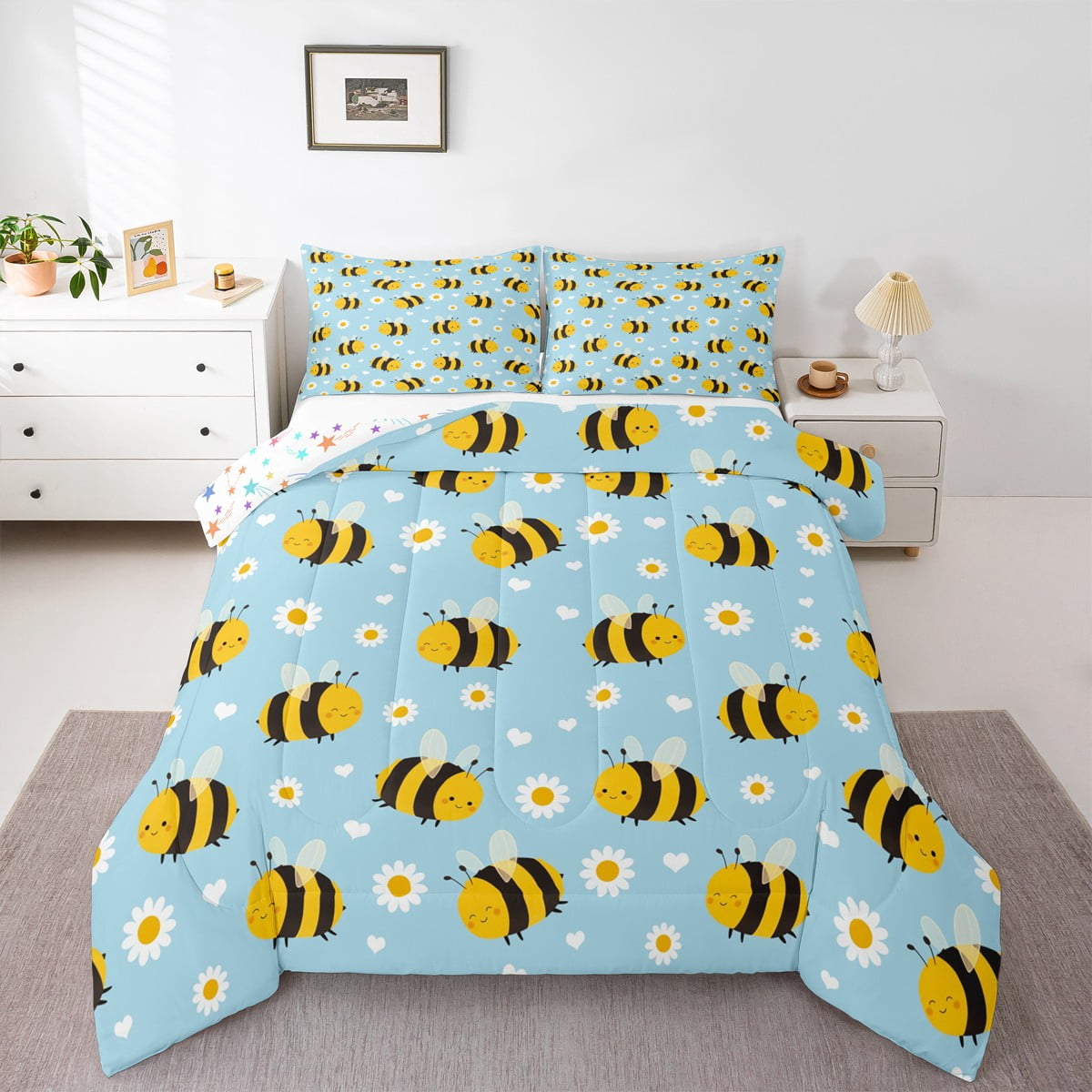 Erosebridal Cartoon Bee Bedding Sets Twin with Comforter, Rustic Flower ...