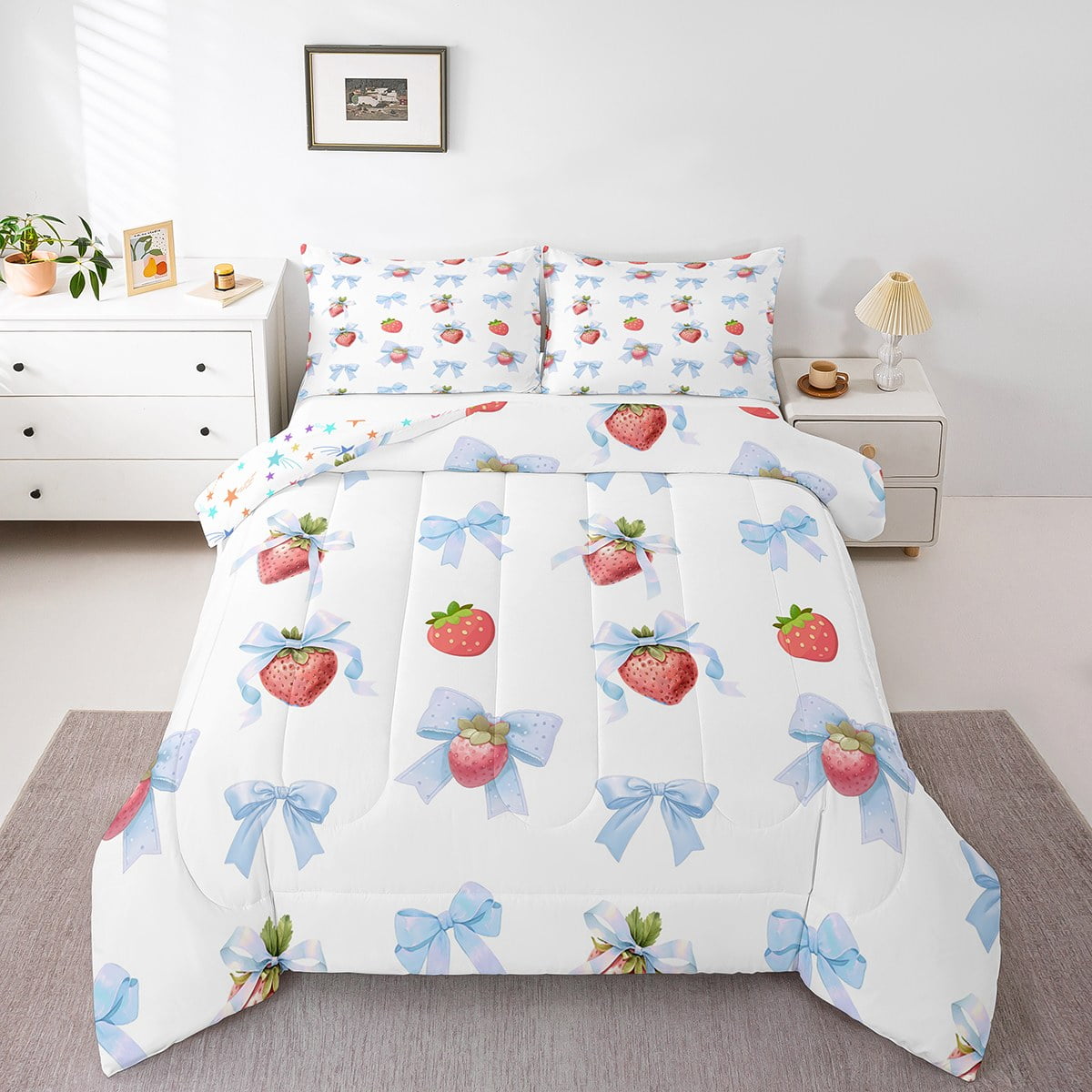Erosebridal Cartoon Bow Comforter Sets Queen Size,Kawaii Strawberry ...