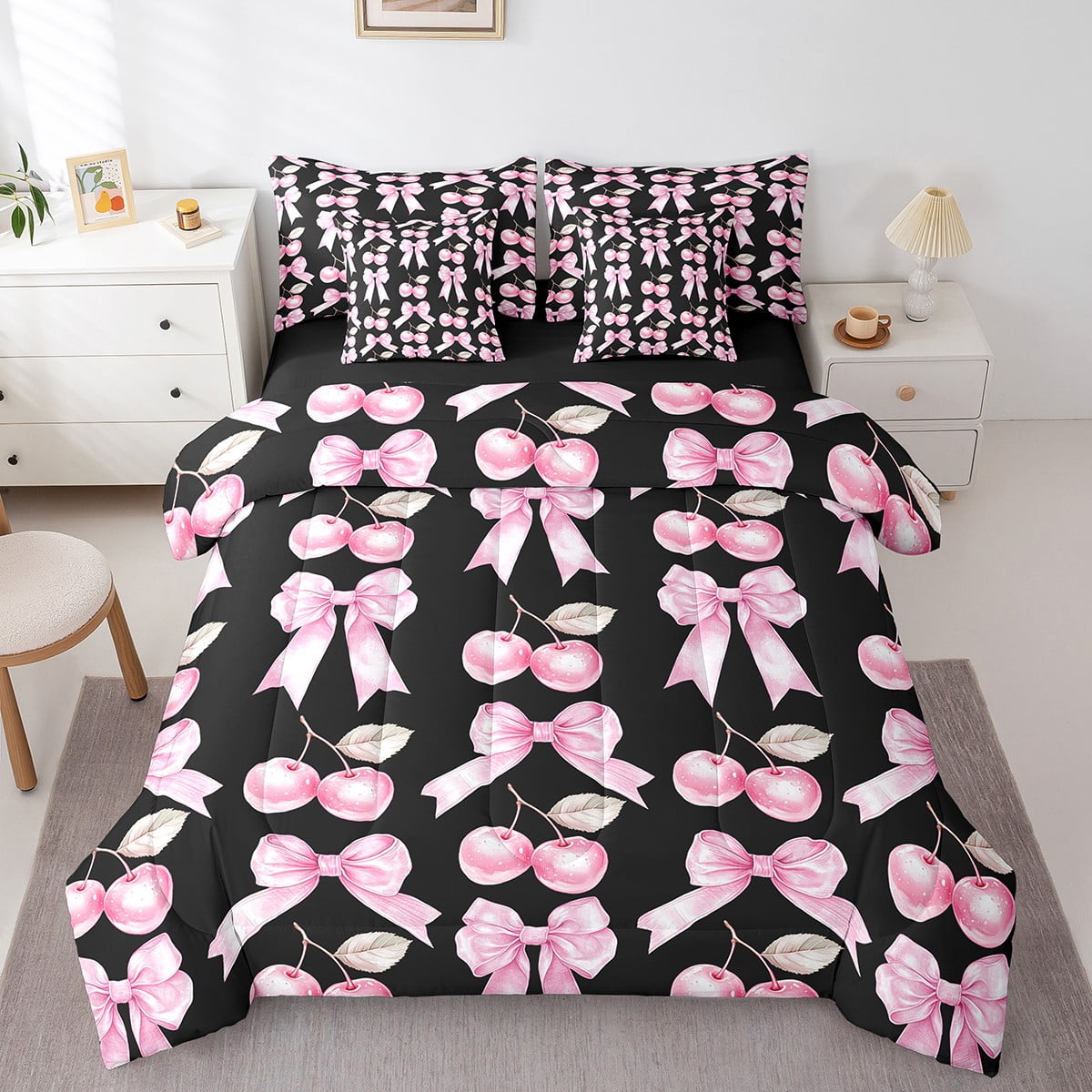 Erosebridal Cartoon Bow Tie Cherry Bedding Sets Twin Size,Pink White ...