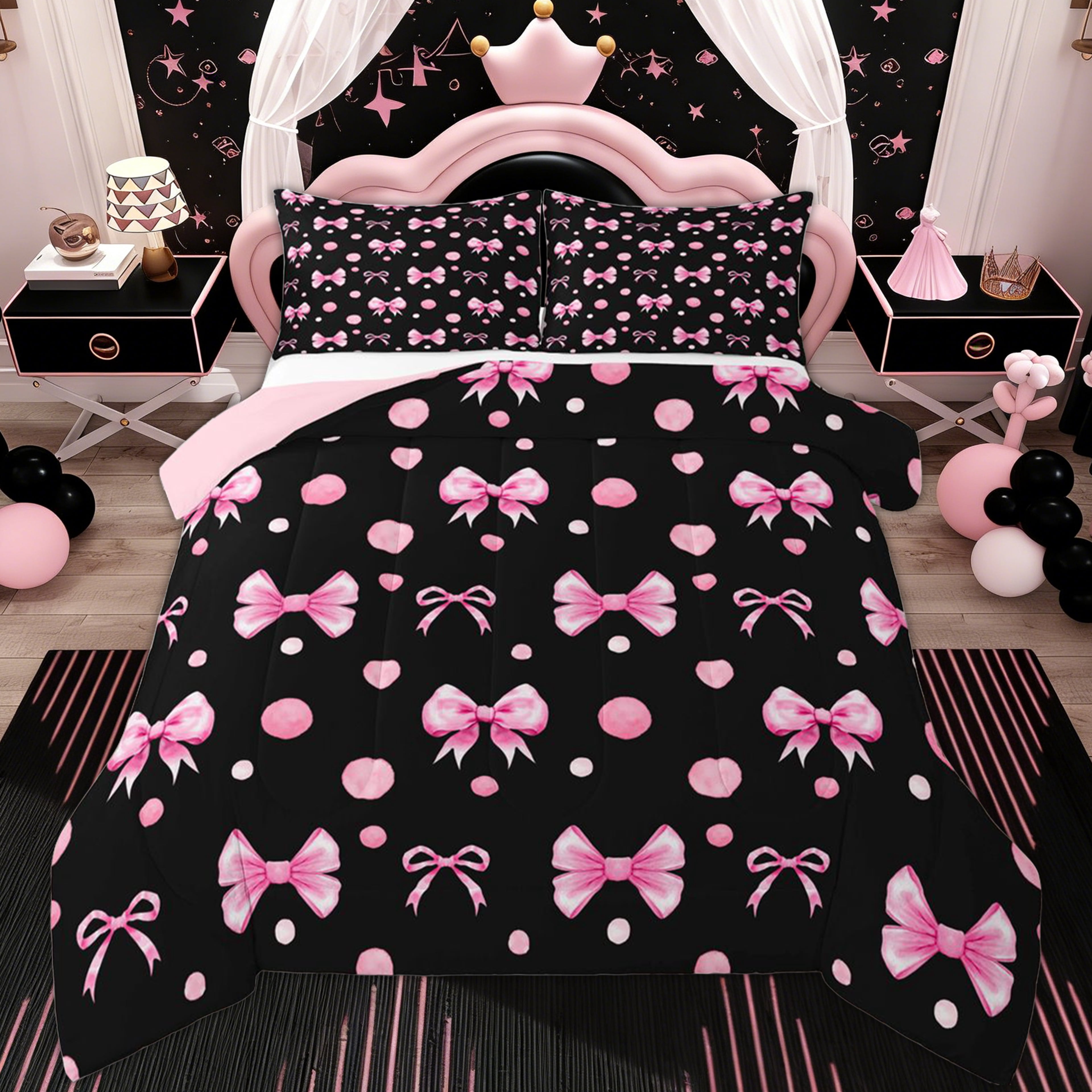 Erosebridal Cartoon Bow-tie Girls Queen Comforter Set, Black Pink ...