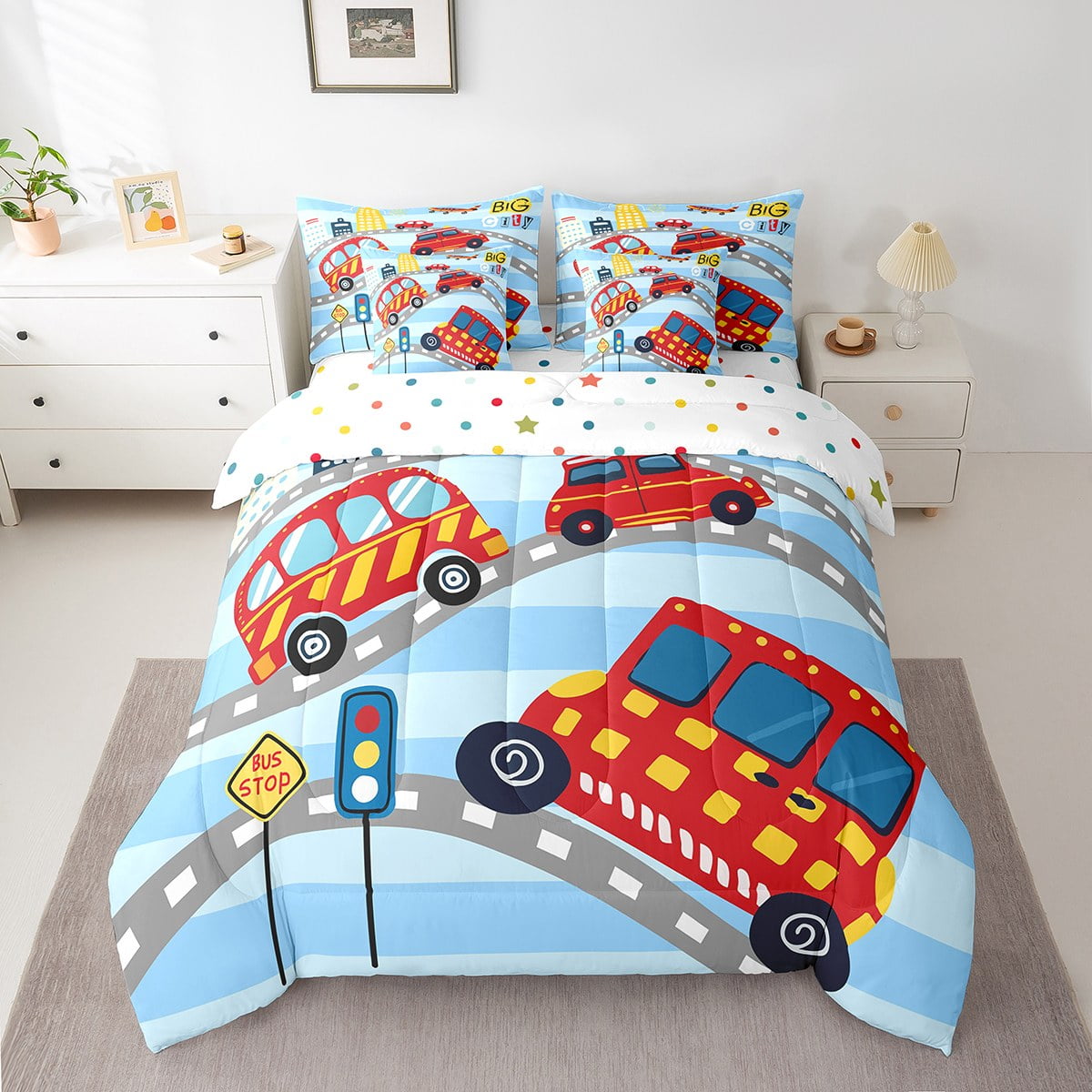 Erosebridal Cartoon Bus Bedding Queen Size, Traffic Line Bed in a Bag ...