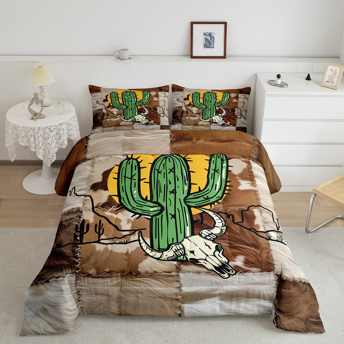 Erosebridal Cartoon Cactus Bedding King Comforter Set, Western Cow ...