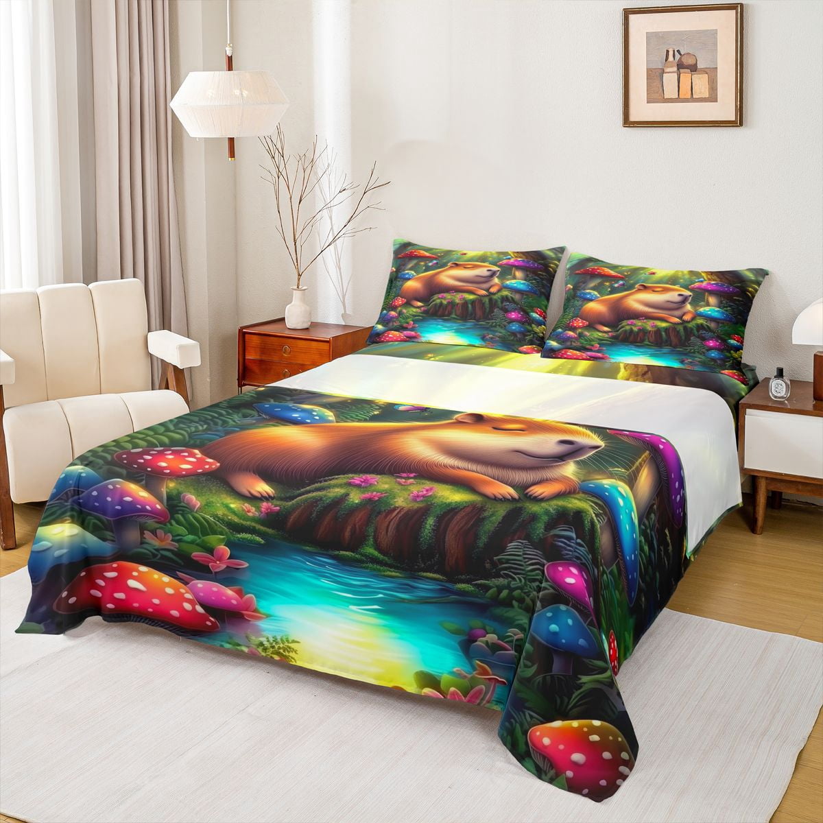 Erosebridal Cartoon Capybara Queen Sheet Sets,Colorful Mushroom Fungus ...