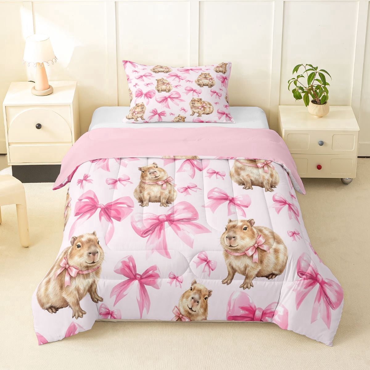 Erosebridal Cartoon Capybara Twin Comforter Sets 3-Piece For Kids,Pink ...