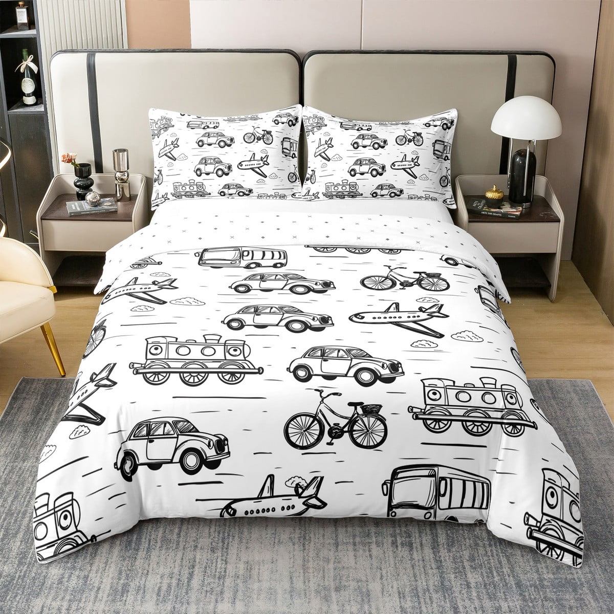 Erosebridal Cartoon Car 100% Cotton Duvet Cover Full Size, Bike Plane ...