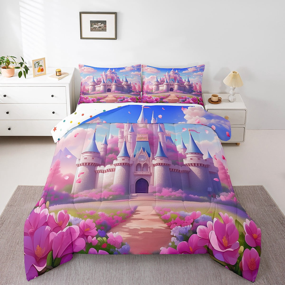 Erosebridal Cartoon Castle Bedding Queen Comforter Set, Dreamy Pink ...