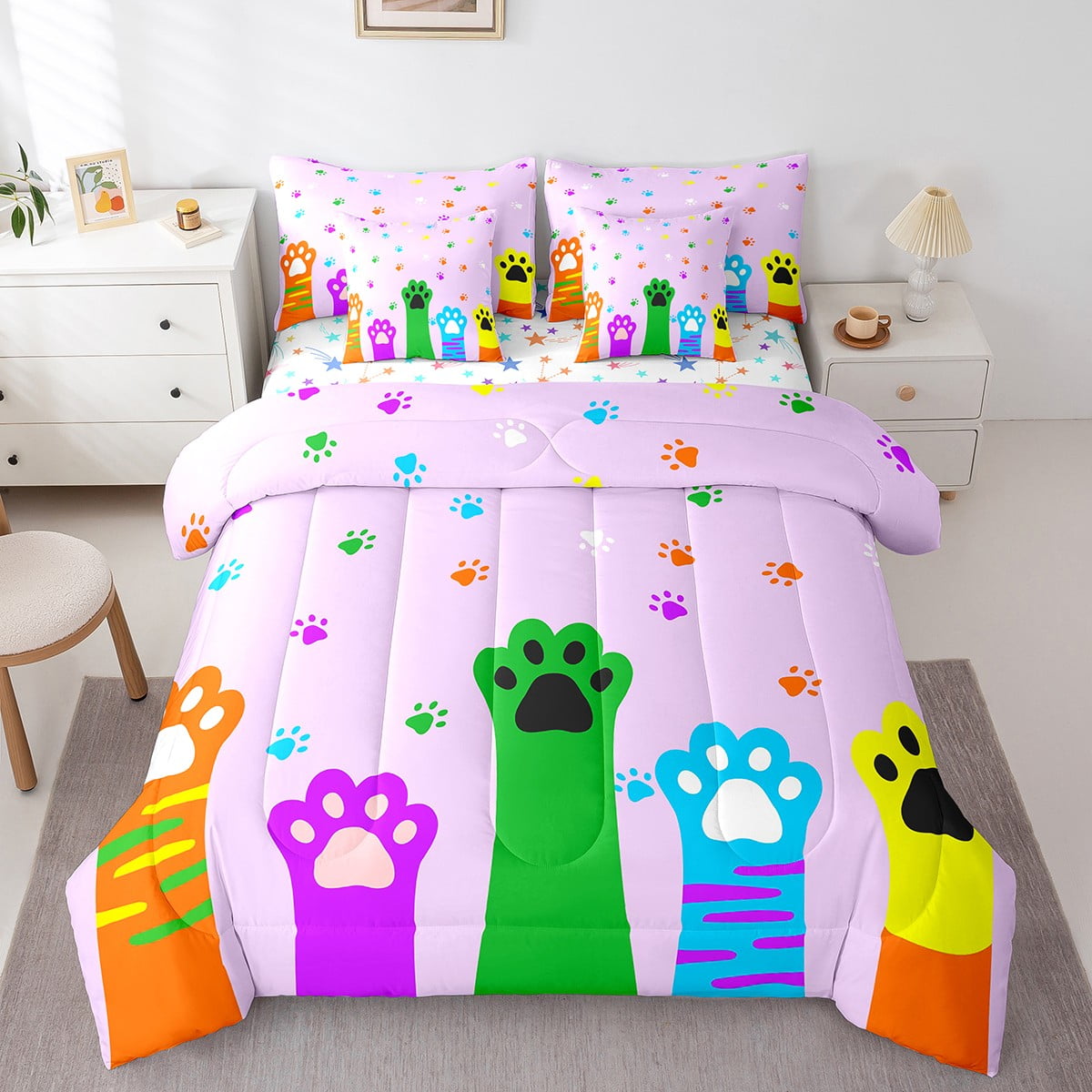 Erosebridal Cartoon Cat Bed in a Bag Full size,Purple Green Bed Set ...