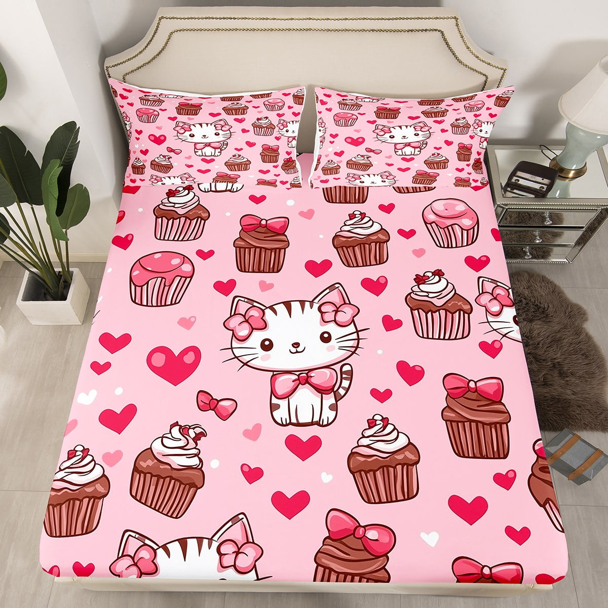 Erosebridal Cartoon Cat Fitted Sheet Set Queen, Kawaii Kitten Pet Bed ...
