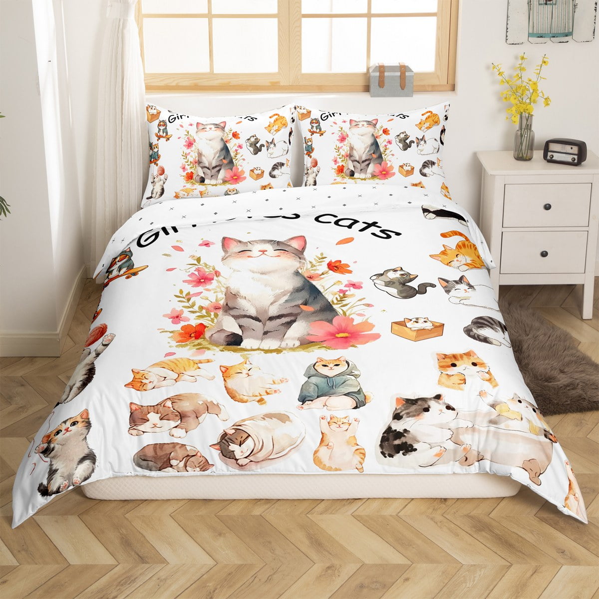 Erosebridal Cartoon Cats Comforter Cover Queen,Floral Flower Bedding ...
