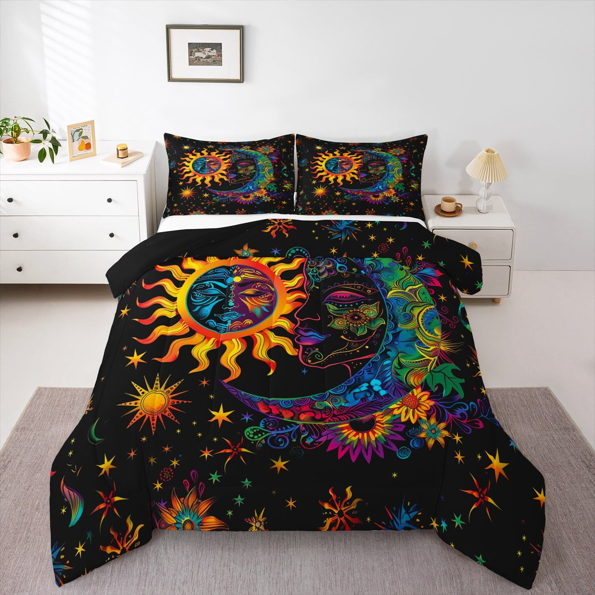 Erosebridal Cartoon Celetstial Comforter Sets King Size,Boho Sun and ...