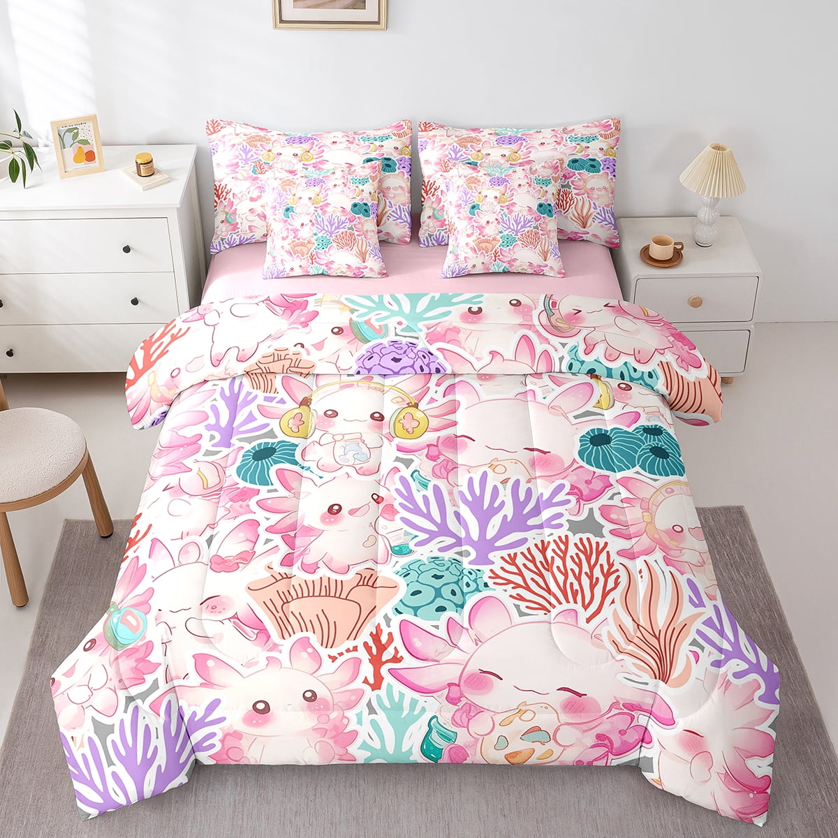 Erosebridal Cartoon Coral Axolotl Bedding Set Pink Cute Axolotl Bed In ...