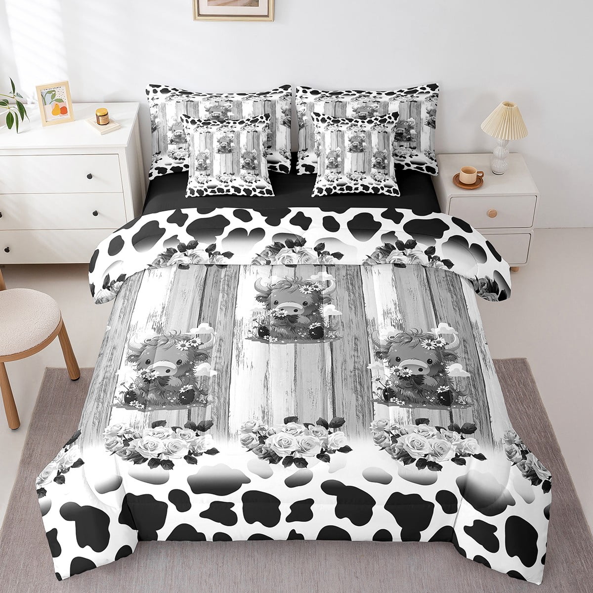 Erosebridal Cartoon Cow Bed in a Bag Full size, Rustic Rose Bed Set, Highland Cow Print Decor ...