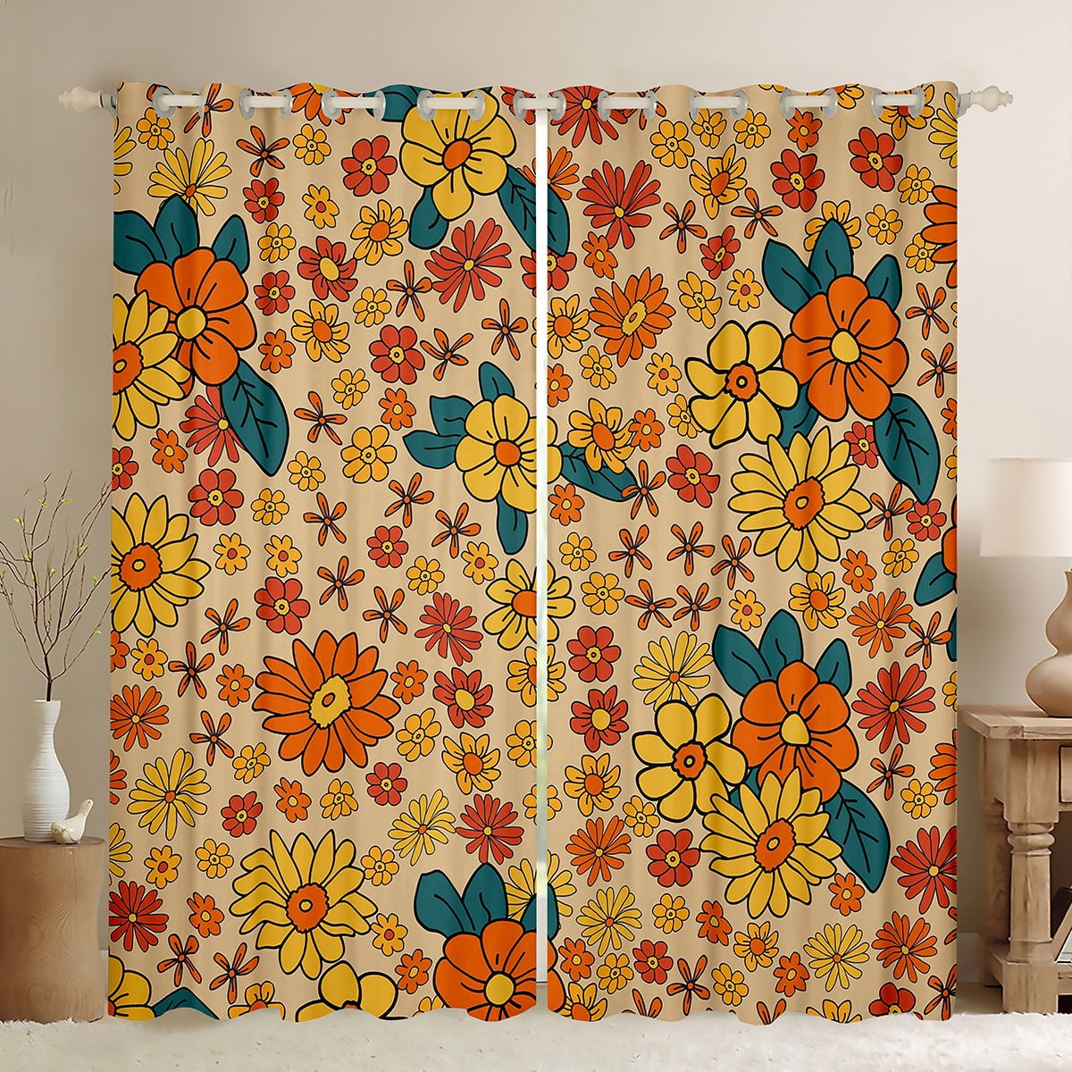 Erosebridal Cartoon Daisy Curtains for Living Room, Groovy Flower Blackout Curtains Set of 2 ...