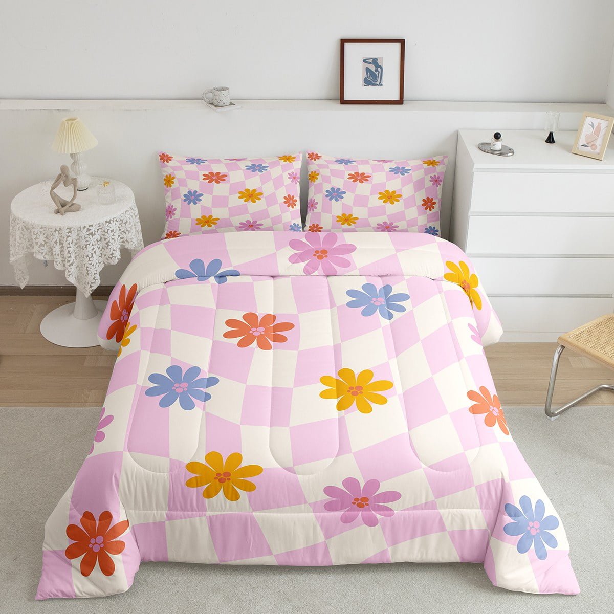 Erosebridal Cartoon Daisy Floral Bedding Full Comforter Set, Pink Plaid ...