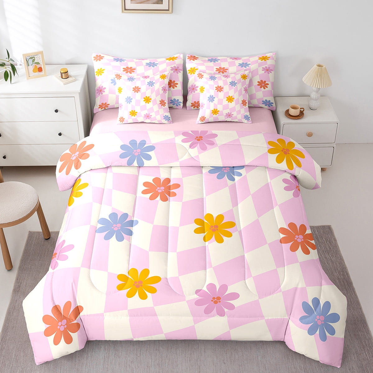 Erosebridal Cartoon Daisy Floral Bedding Sets Full Size, Pink Plaid ...