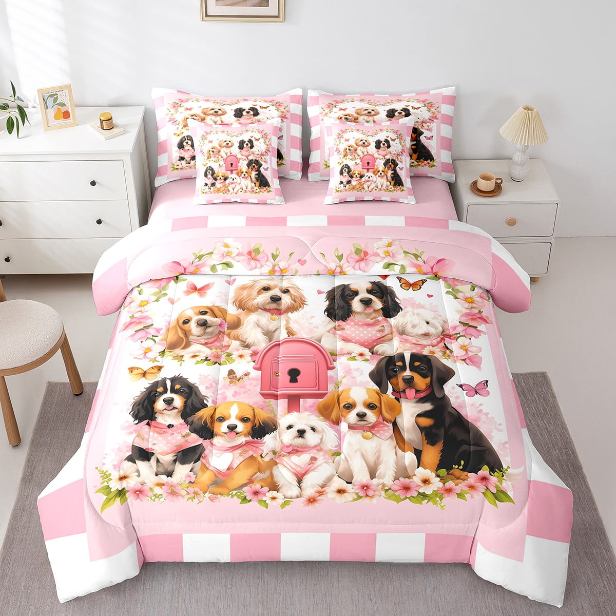 Erosebridal Cartoon Dogs Bedding Sets Twin Size,Pink Flower Butterfly ...