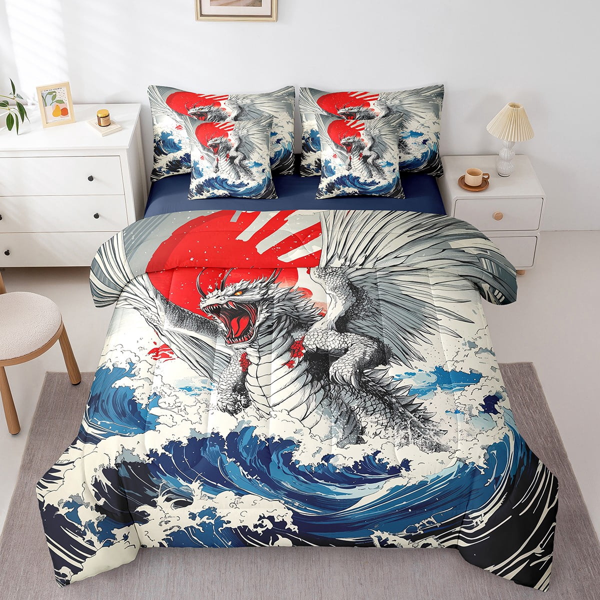Erosebridal Cartoon Dragon Bedding Sets Full Size, Ocean Wave Comforter ...