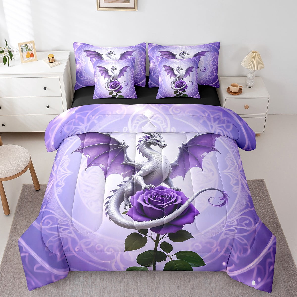 Erosebridal Cartoon Dragon Bedding Sets Full Size,Purple Botanical ...