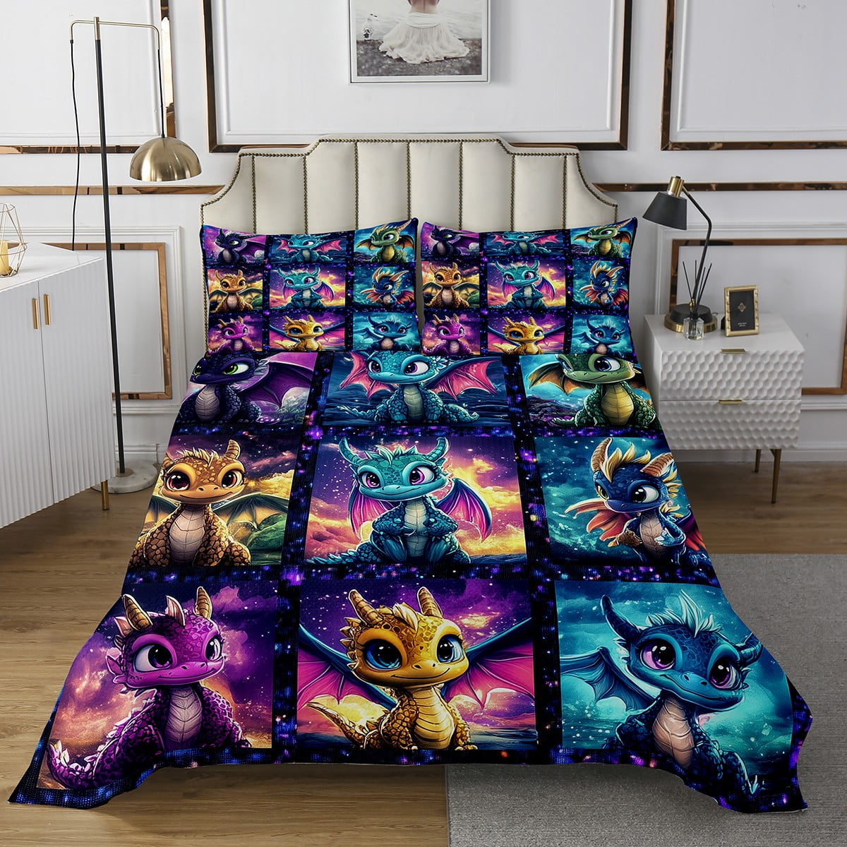 Erosebridal Cartoon Dragon Bedspread Sets Queen Size, Dreamy Galaxy Bed Quilt, Animal Patchwork ...