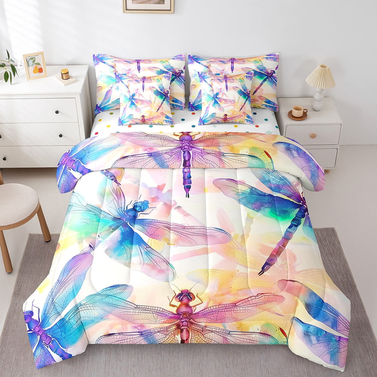 Erosebridal Colorful Dragonfly Bed in a Bag Queen size, Watecolor Print ...