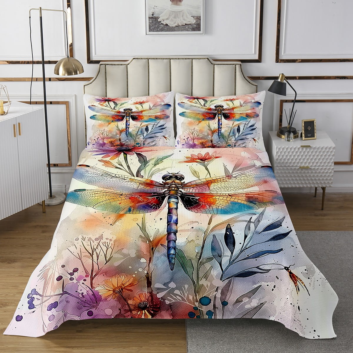 Erosebridal Cartoon Dragonfly Coverlet Set Queen, Chic Colorful Floral ...