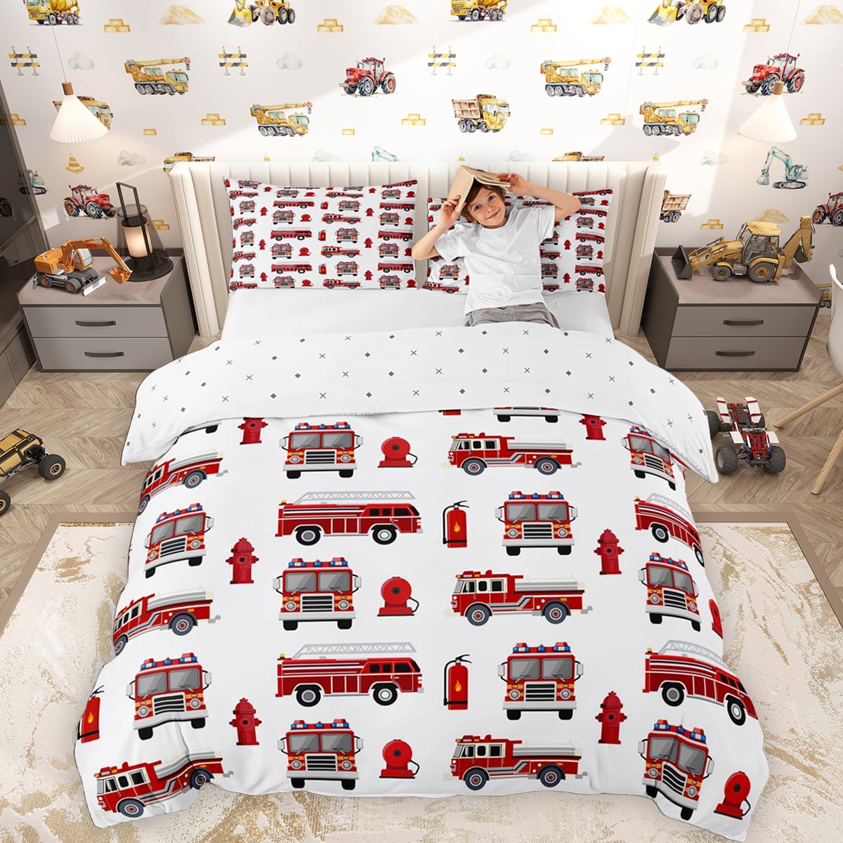Erosebridal Cartoon Fire Engine Duvet Cover Set, Truck Theme Bedding ...
