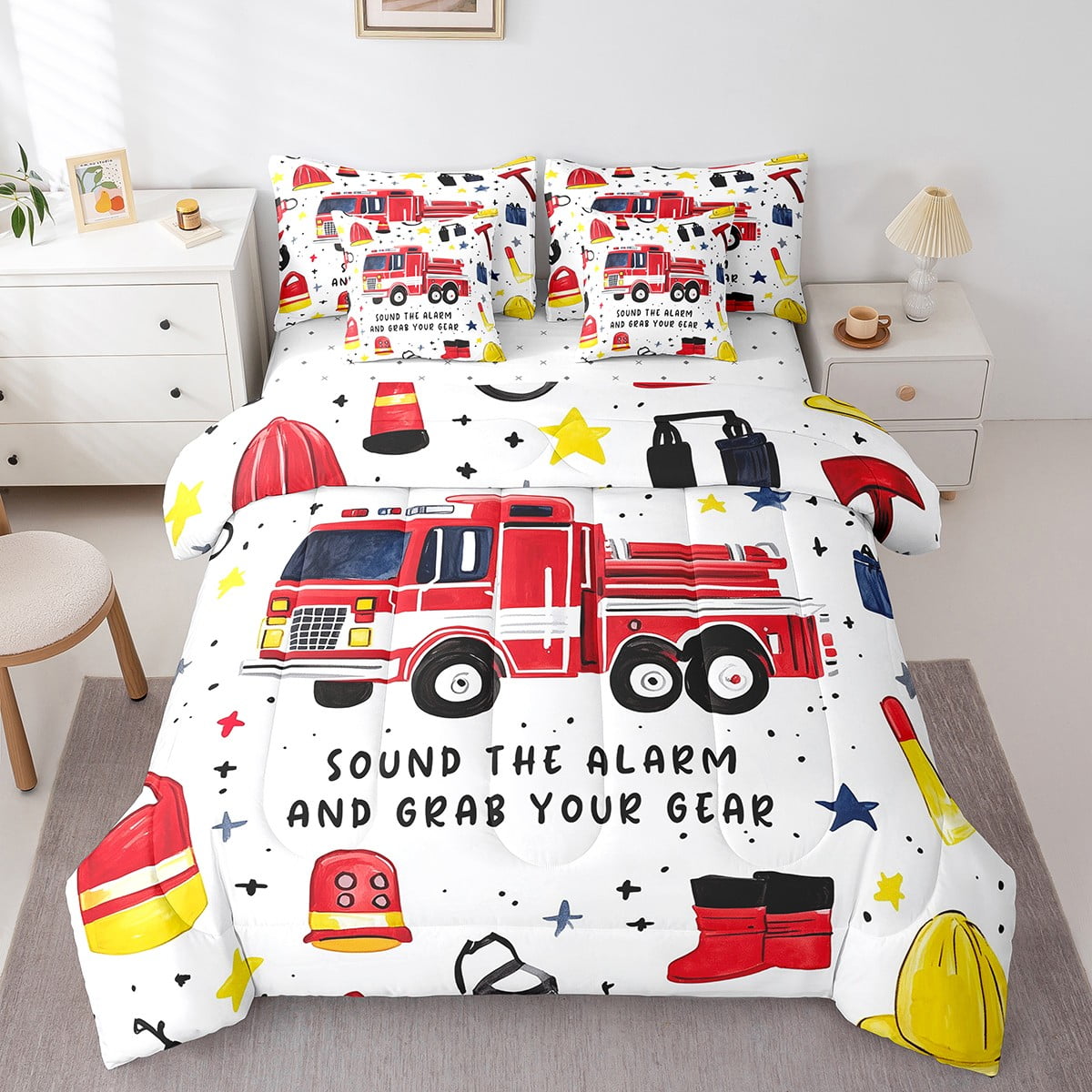 Erosebridal Cartoon Fire Truck Bedding Full Size, Firefighter Set ...