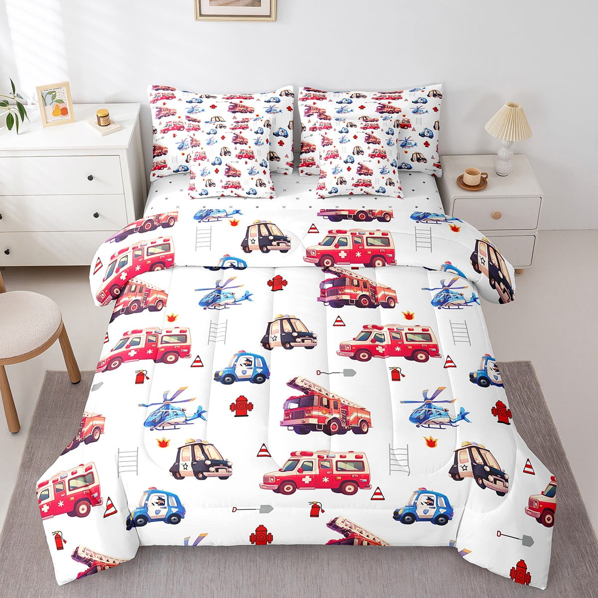 Erosebridal Cartoon Fire Truck Bedding Sets Twin Size, Police Car ...