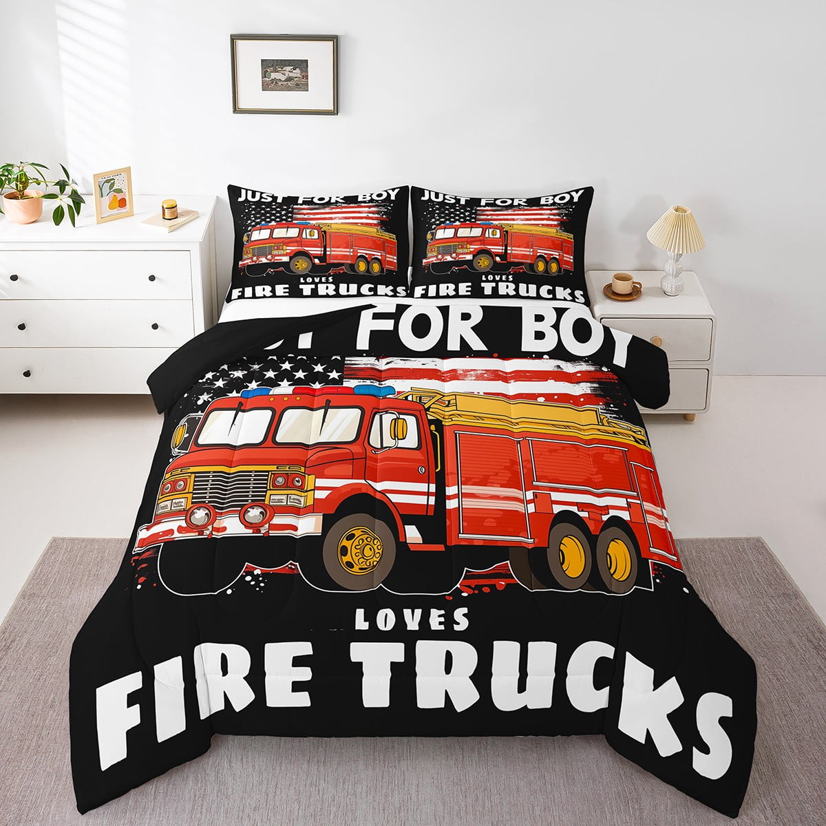 Erosebridal Cartoon Fire Truck Comforter Sets Twin Size, USA Flag ...