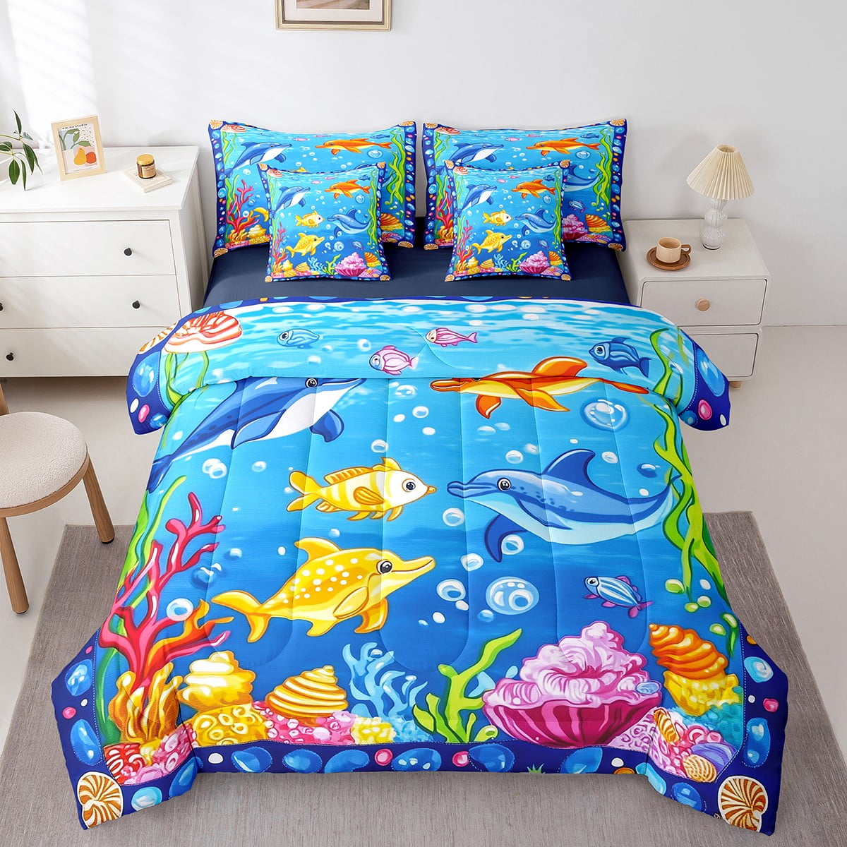Erosebridal Cartoon Fish Comforter Set Queen 7 Pcs Cute Dolphin Ocean ...