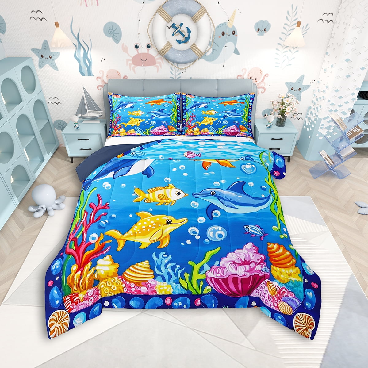 Erosebridal Cartoon Fish Comforter Set Twin Size Cute Dolphin Ocean ...