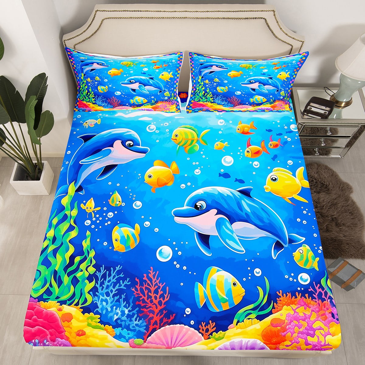 Erosebridal Cartoon Fish Fitted Sheet Full Size Cute Dolphin Ocean ...