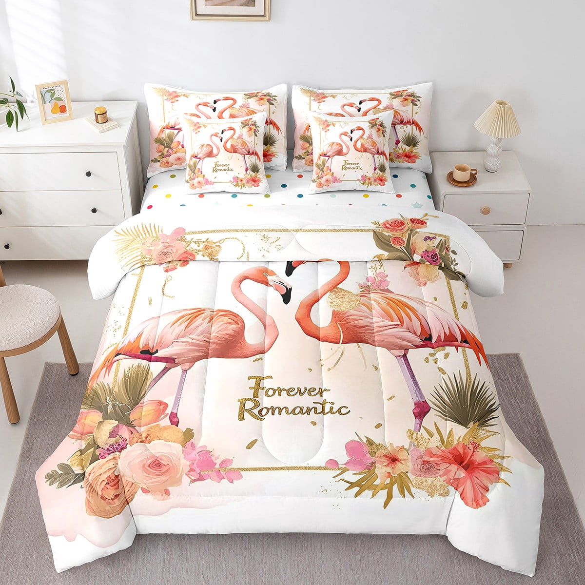 Erosebridal Cartoon Flamingo Bed in a Bag Queen size, Roamtic Animal ...