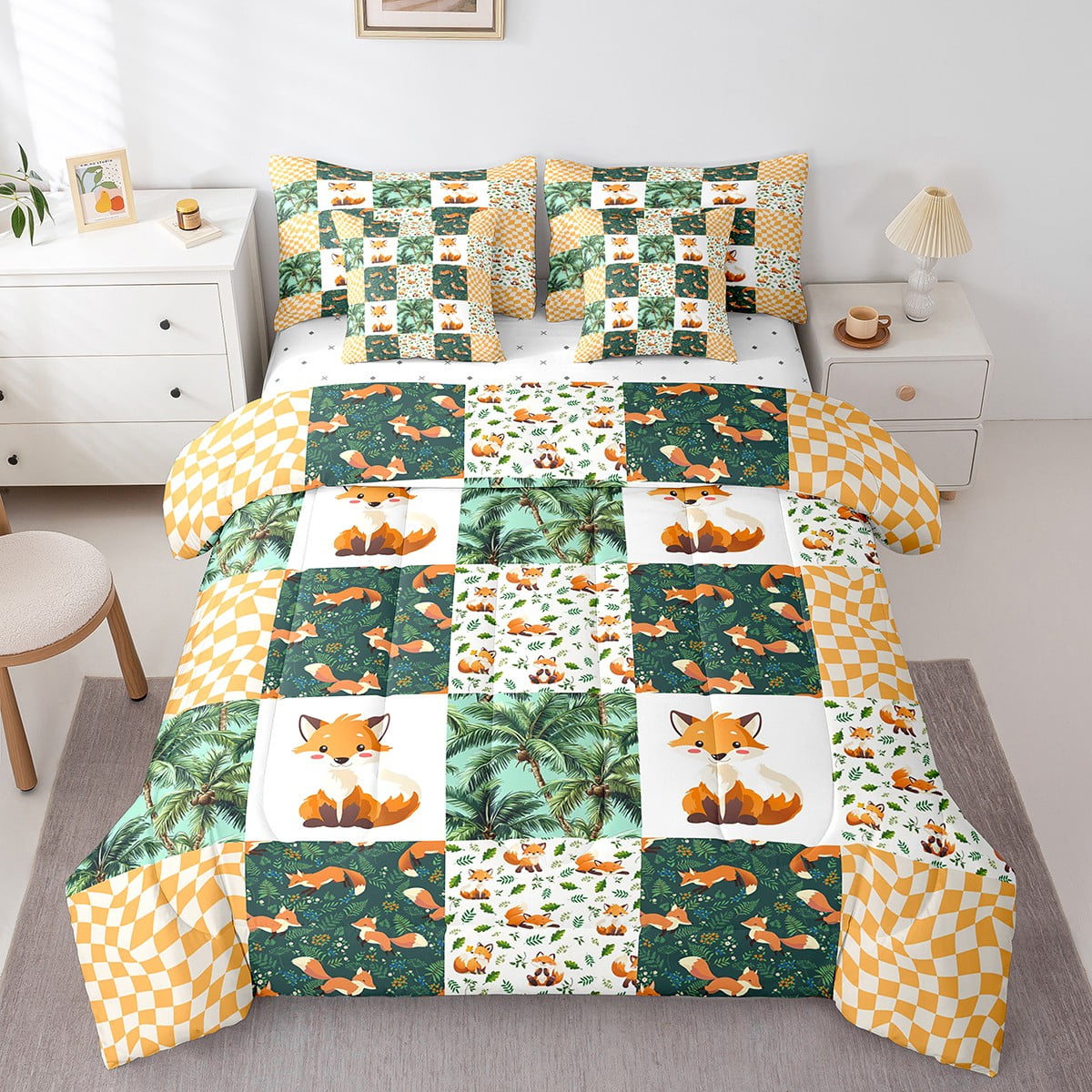 Erosebridal Cartoon Fox Bedding Sets Twin Size, Plam Tree Comforter Sets with Sheets, Patchwork ...