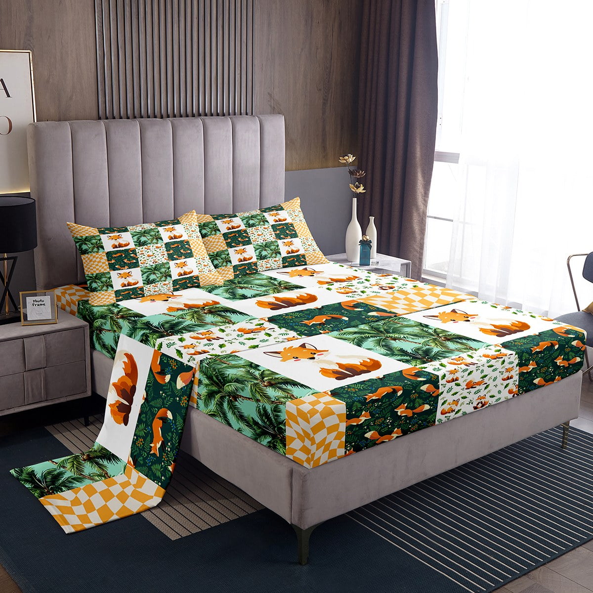 Erosebridal Cartoon Fox Sheet Set Twin, Plam Tree Bedding Sets Twin Size, Patchwork Animal Decor ...