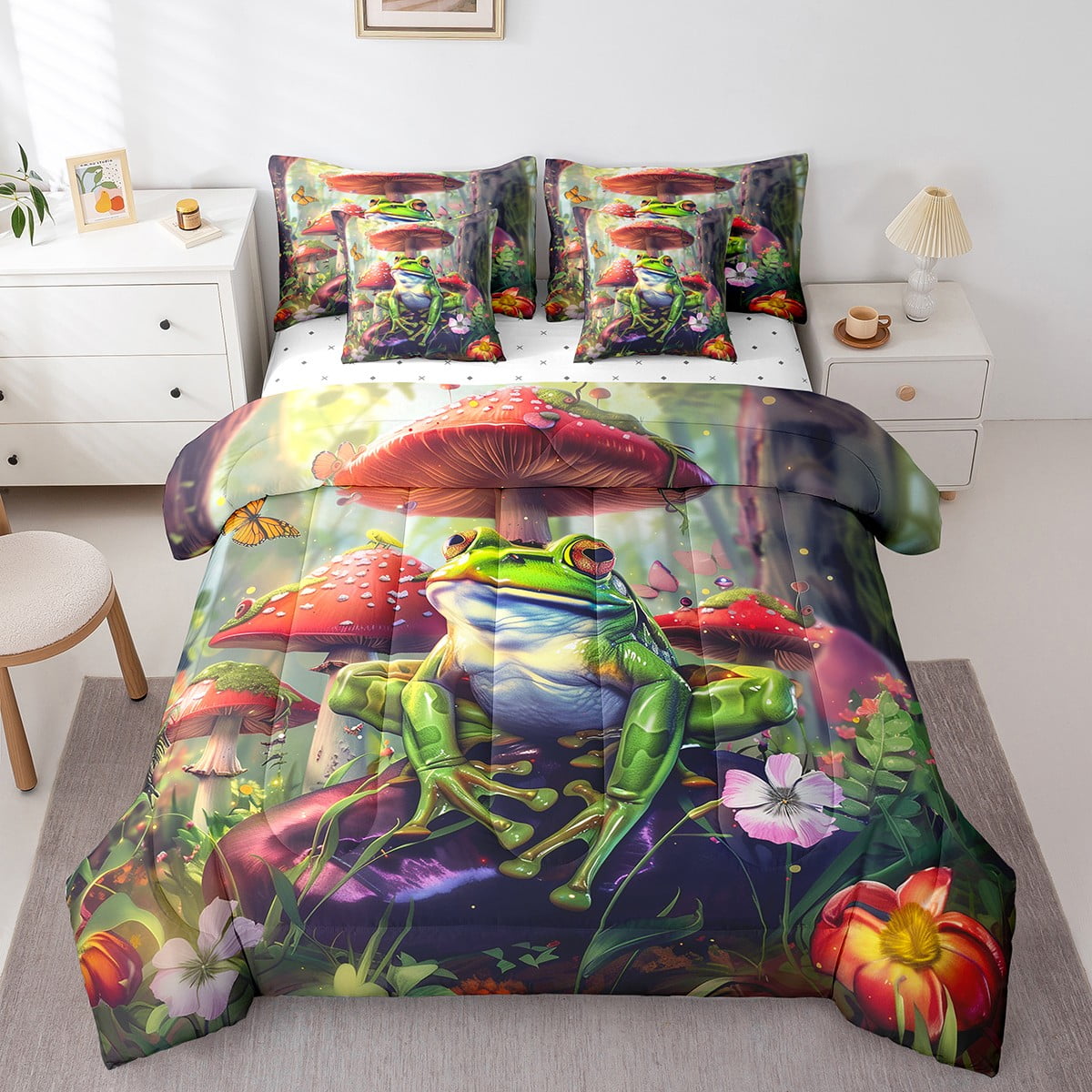 Erosebridal Cartoon Frog Bedding Sets Twin Size, Red Mushroom Comforter ...