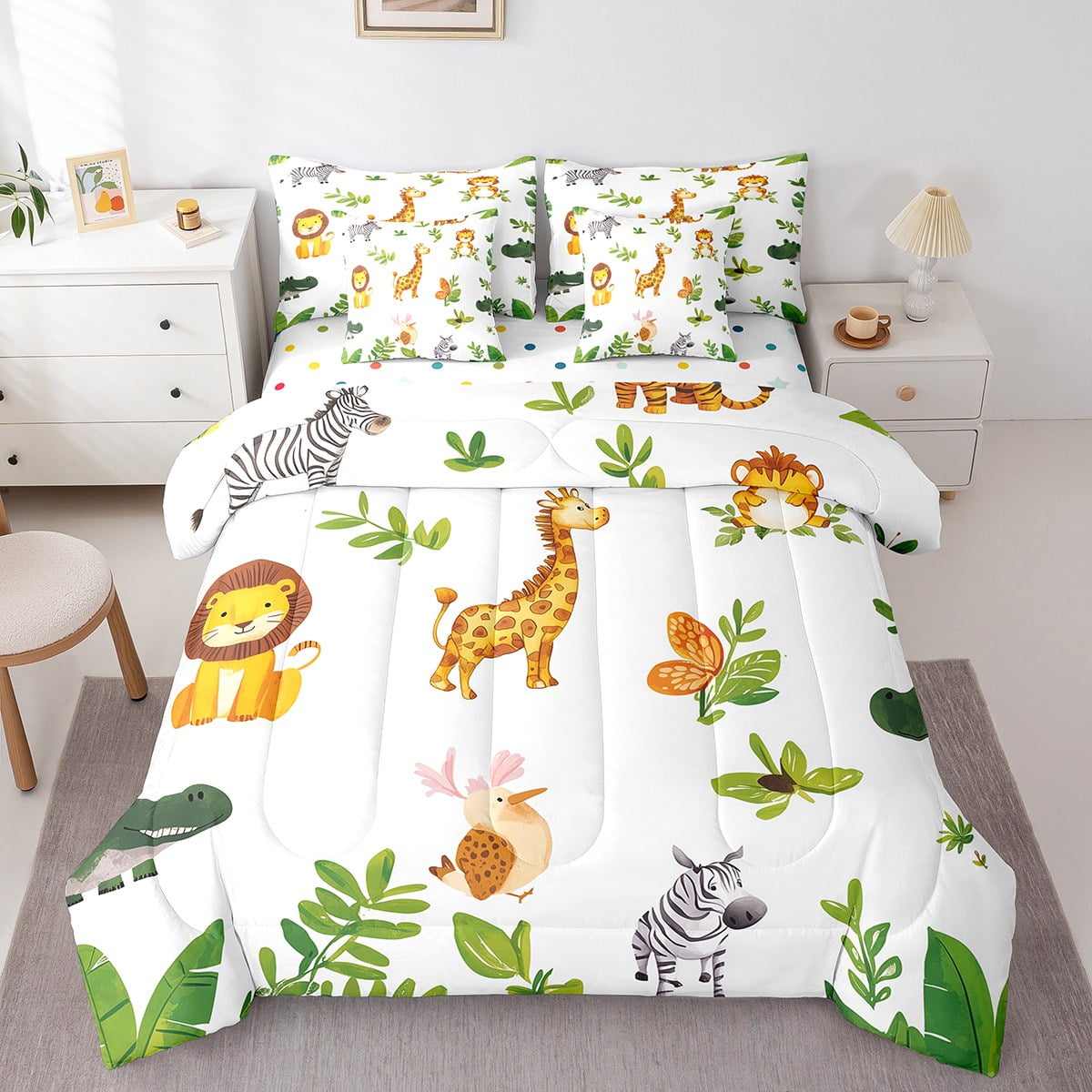 Erosebridal Cartoon Giraffe Bedding King Size, Palm Leaf Print Bed in a ...