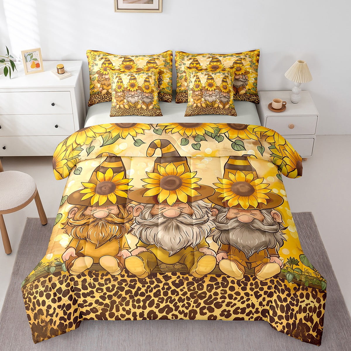 Erosebridal Cartoon Gnome Bedding Queen Size,Plant Floral Sunflower Bed ...