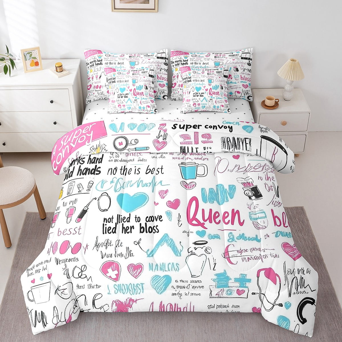 Erosebridal Cartoon Graffiti Bedding Sets Queen with Comforter, Medicine Duvet Insert, s, 7pcs ...