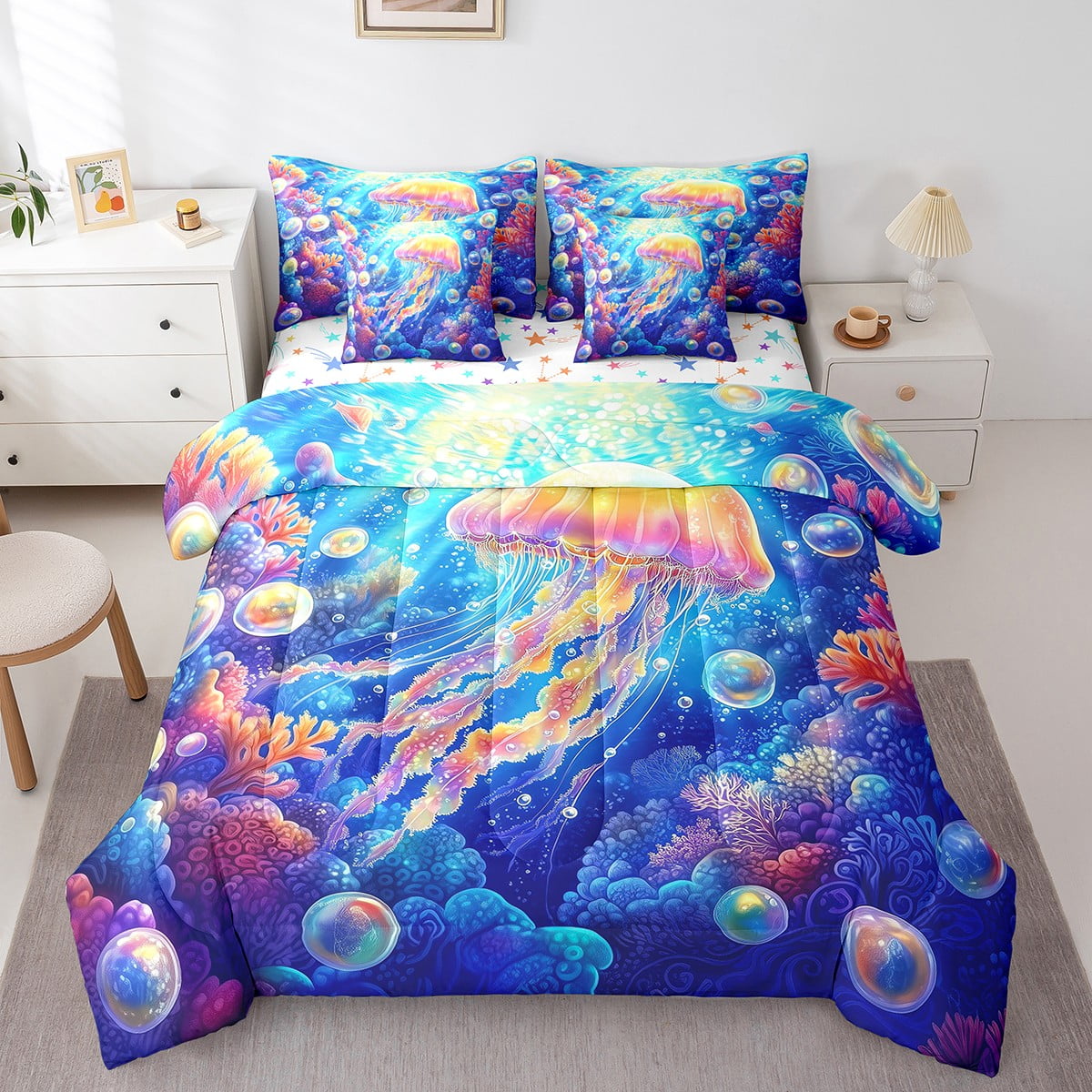 Erosebridal Cartoon Jellyfish Bedding Set Ocean Magical Animal Queen ...