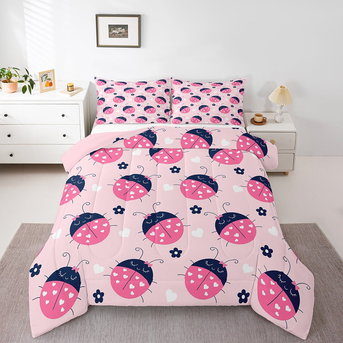 Erosebridal Cartoon Ladybird Bedding Twin Comforter Set,Love Heart Down Comforter,Pink Ladybug ...