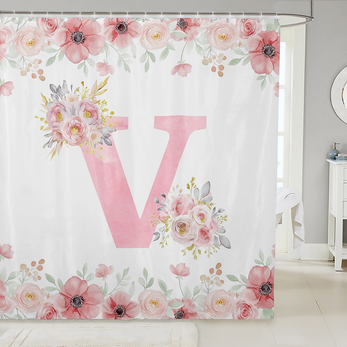 Erosebridal Cartoon Letter Shower Curtain 72x72,Pink Flower Bath Curtain,Initial Decoration ...