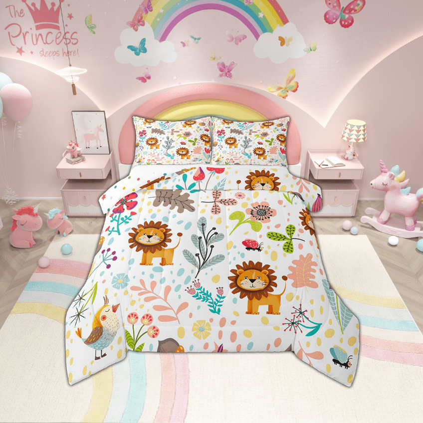 Erosebridal Cartoon Lion Bed Comforter Set Twin,Jungle Botanical Lion ...