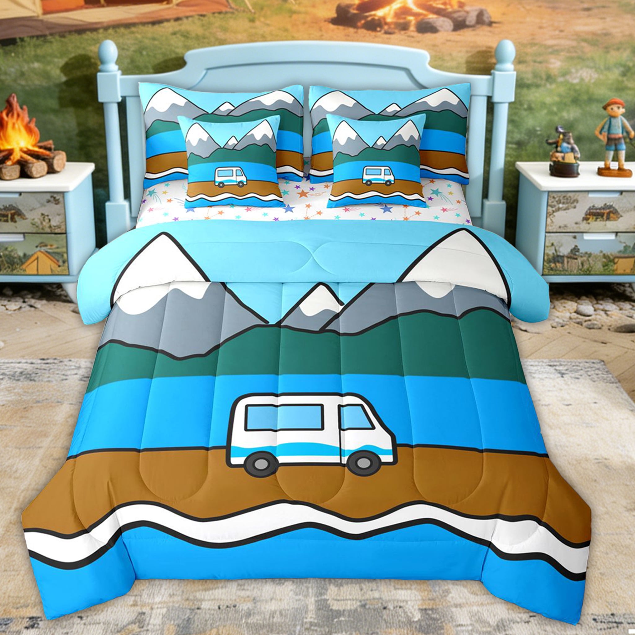 Erosebridal Cartoon Mountain Lake Bedding Comforter Set, Blue Camp Car ...